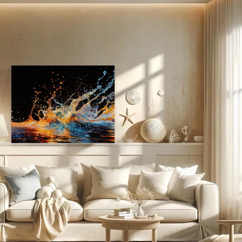 Orange and Blue Splash Art Print, Modern Abstract Canvas, Energetic ...
