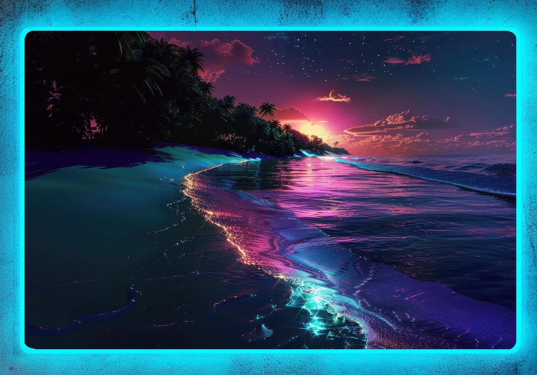 Surreal Tropical Night Beach Art, Glowing Ocean Waves Print ...