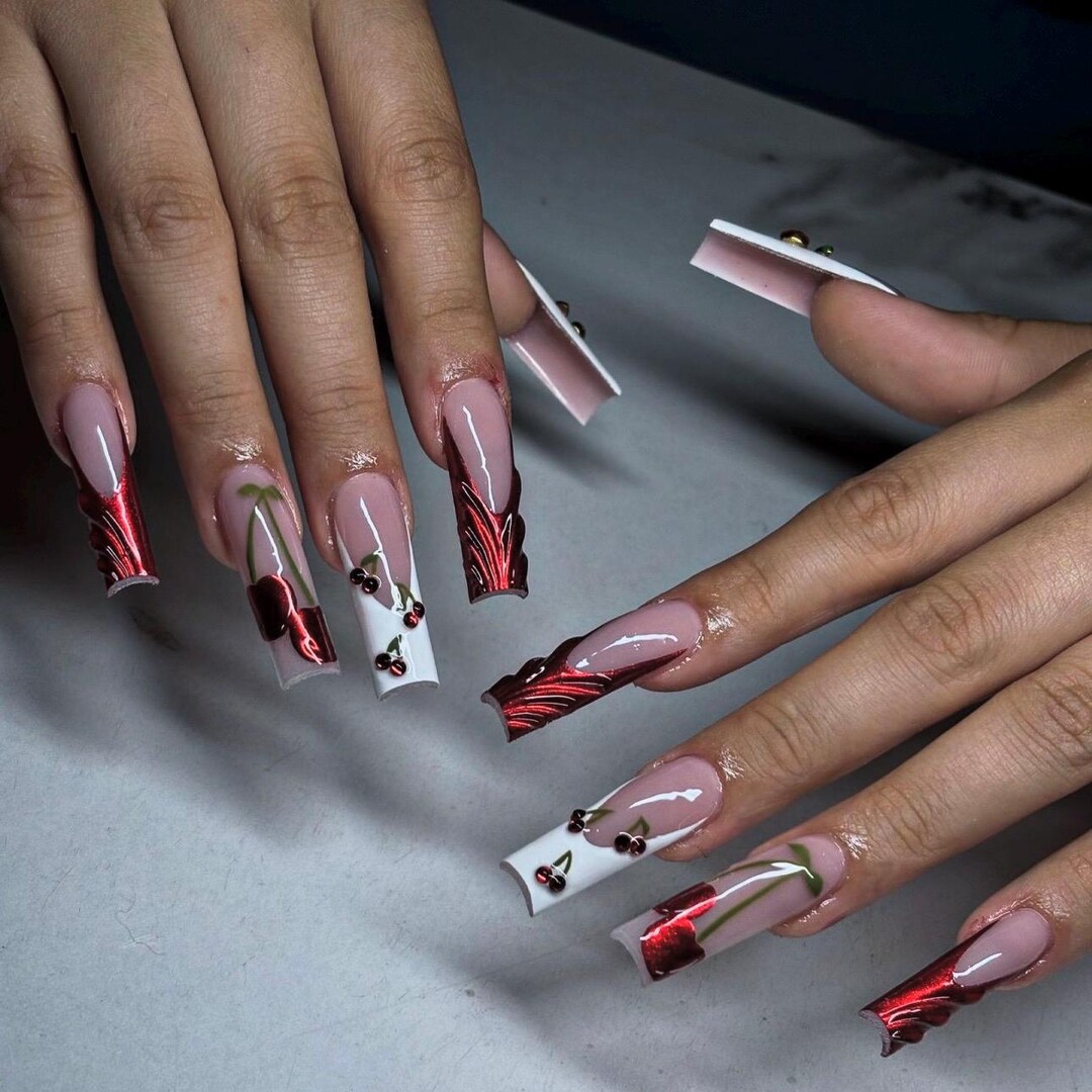 Red Chrome | French Tips | Cherry Accents | Press on Nails | Handmade ...
