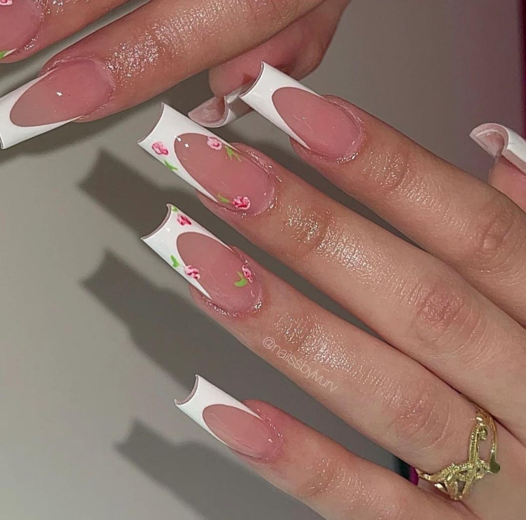 Handmade French Tip Press on Nails: Dainty Floral Design - Etsy