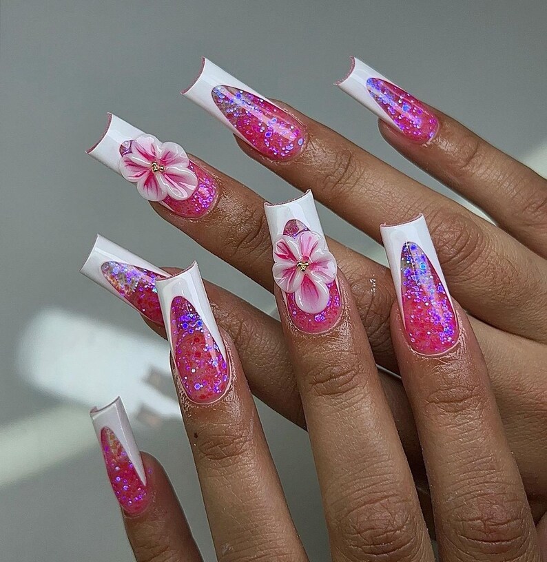 Glittery Pink | French Tips | 3D Flower | Press on Nails | Handmade ...