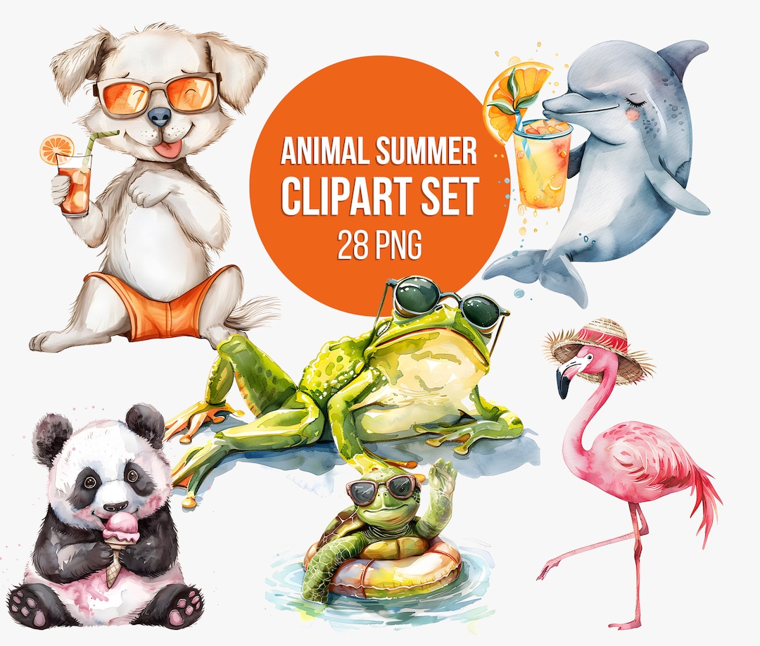 Summer Fun Animal Clipart Set, Decor Graphics, Instant Download - Etsy