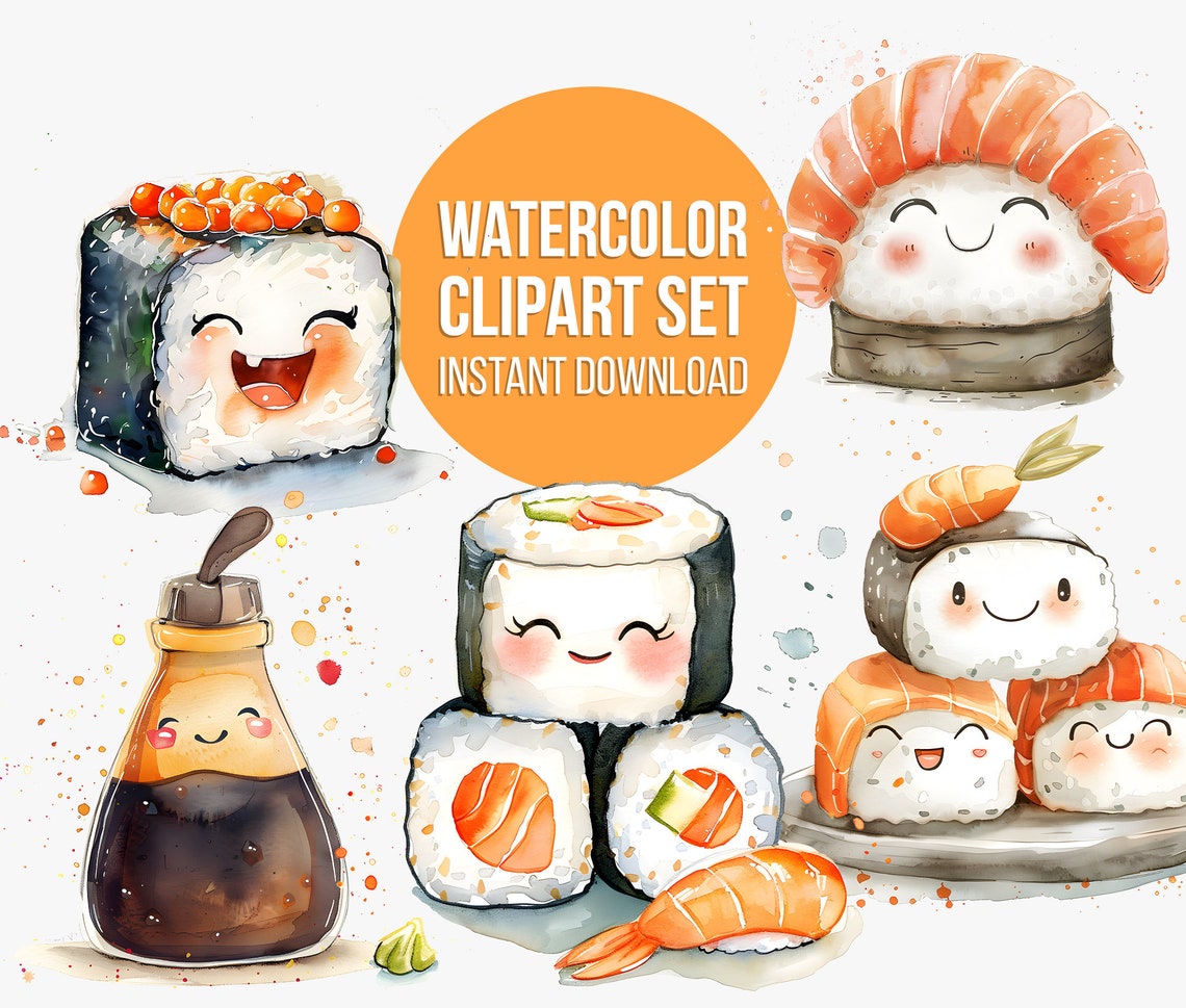 Watercolor Sushi Clipart | Kawaii Sushi PNG, Cute Maki Sushi, Nigiri ...