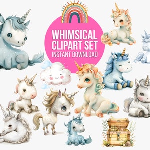 Cute Whimsical Unicorn Clipart Set, Nursery Decor Graphics, Instant ...