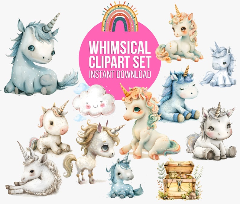 Cute Whimsical Unicorn Clipart Set, Nursery Decor Graphics, Instant ...