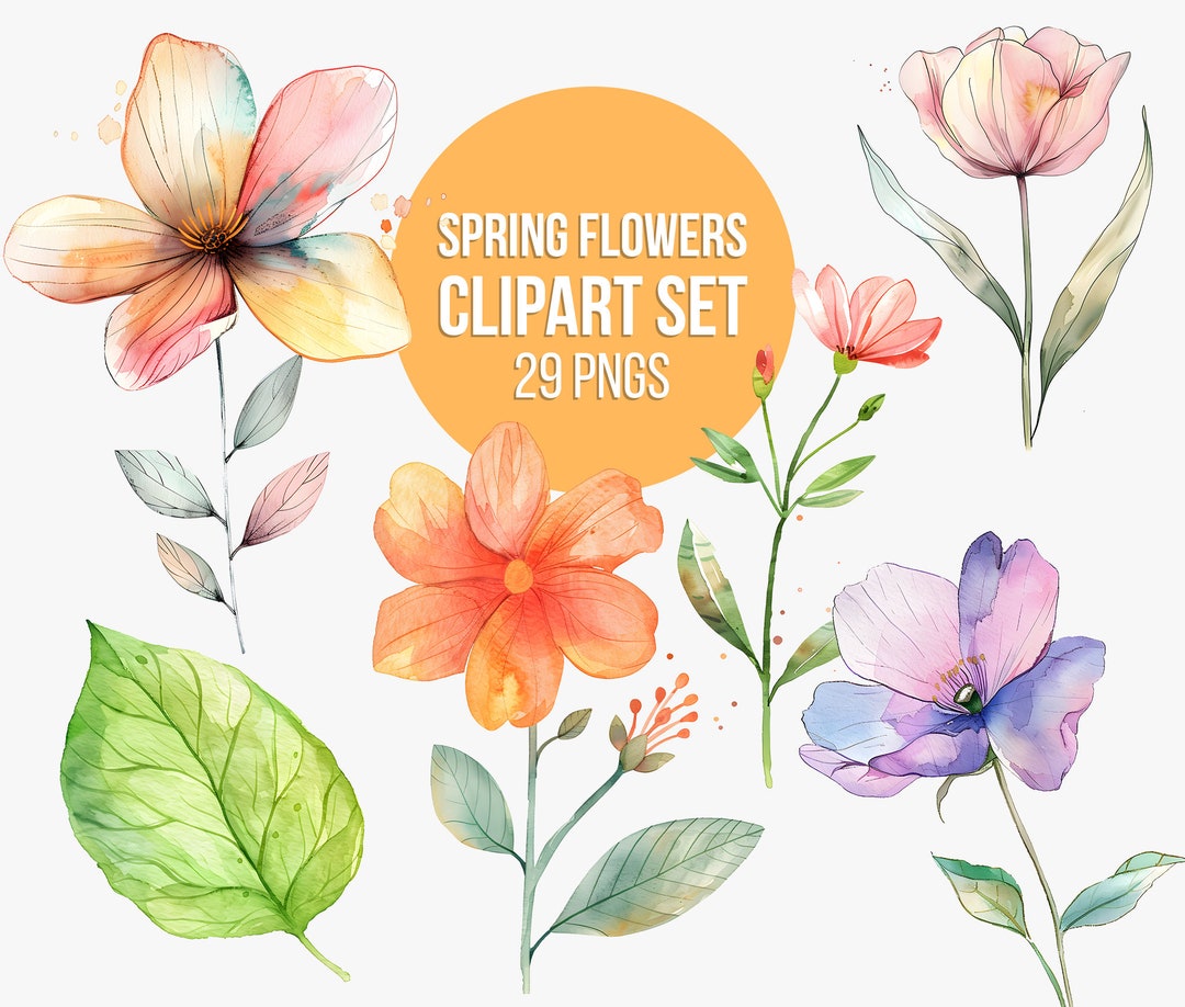 Watercolor Spring Flowers Clipart Set, Decor Graphics, Instant Download ...
