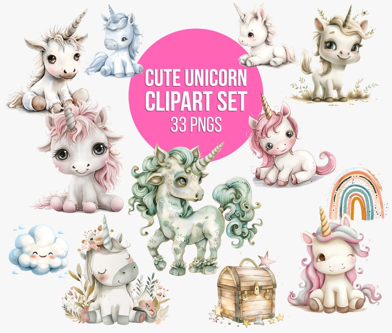 Cute Whimsical Unicorn Clipart Set, Nursery Decor Graphics, Instant ...