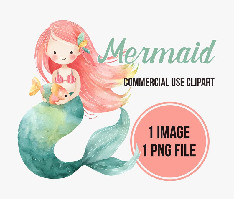Watercolor Mermaid Clipart | Cute Pastel Mermaid PNG, Underwater ...