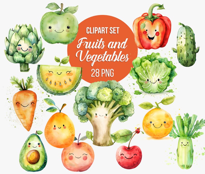 Watercolor Fruits and Vegetables Clipart | Kawaii Fruits and Vegetables ...
