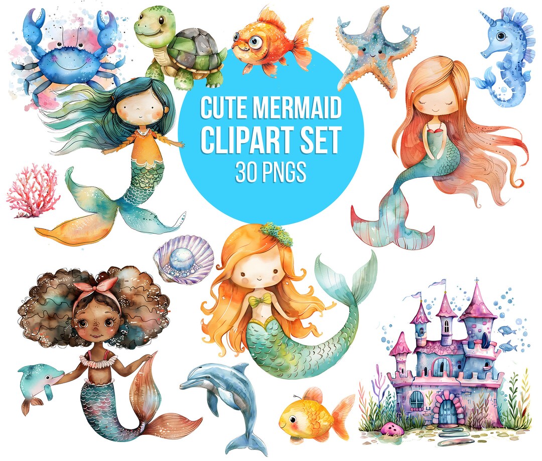 Watercolor Mermaid Clipart | Cute Mermaid PNG, Undersea Clipart ...