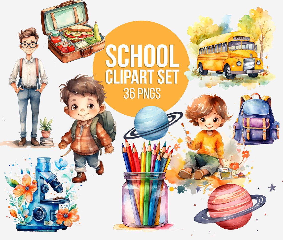 Cute Watercolor School Clipart Set, Nursery Decor Graphics, Instant ...