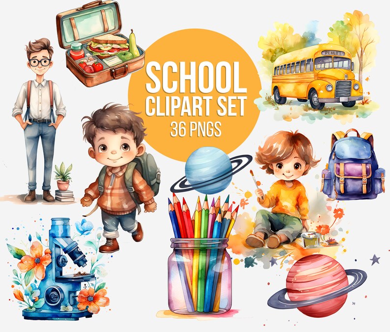 Cute Watercolor School Clipart Set, Nursery Decor Graphics, Instant ...