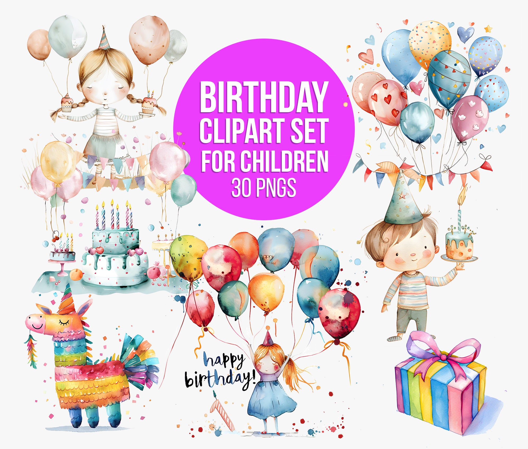 Cute Birthday Clipart Set for Children, Decor Graphics, Instant ...