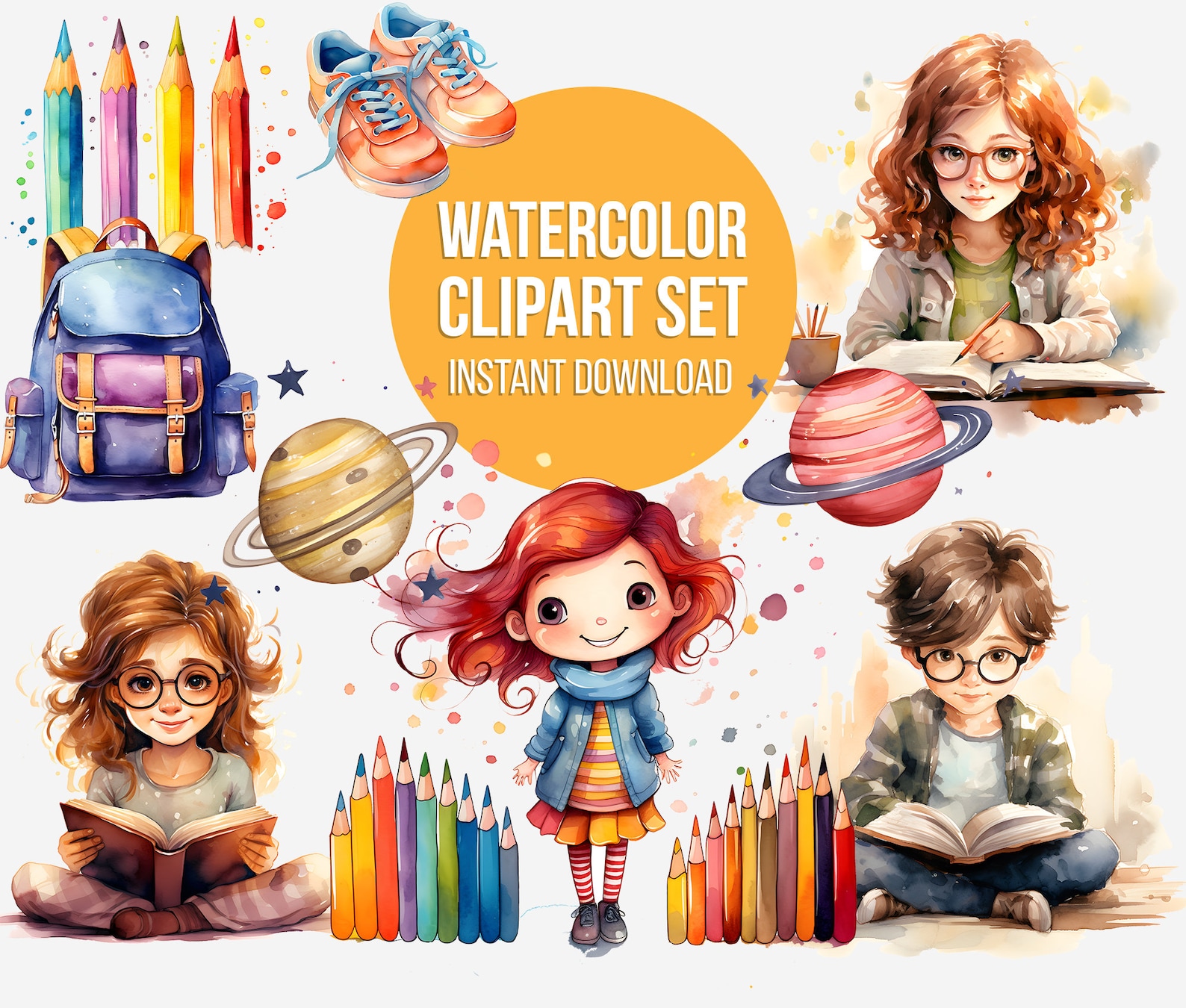 Cute Watercolor School Clipart Set, Nursery Decor Graphics, Instant ...