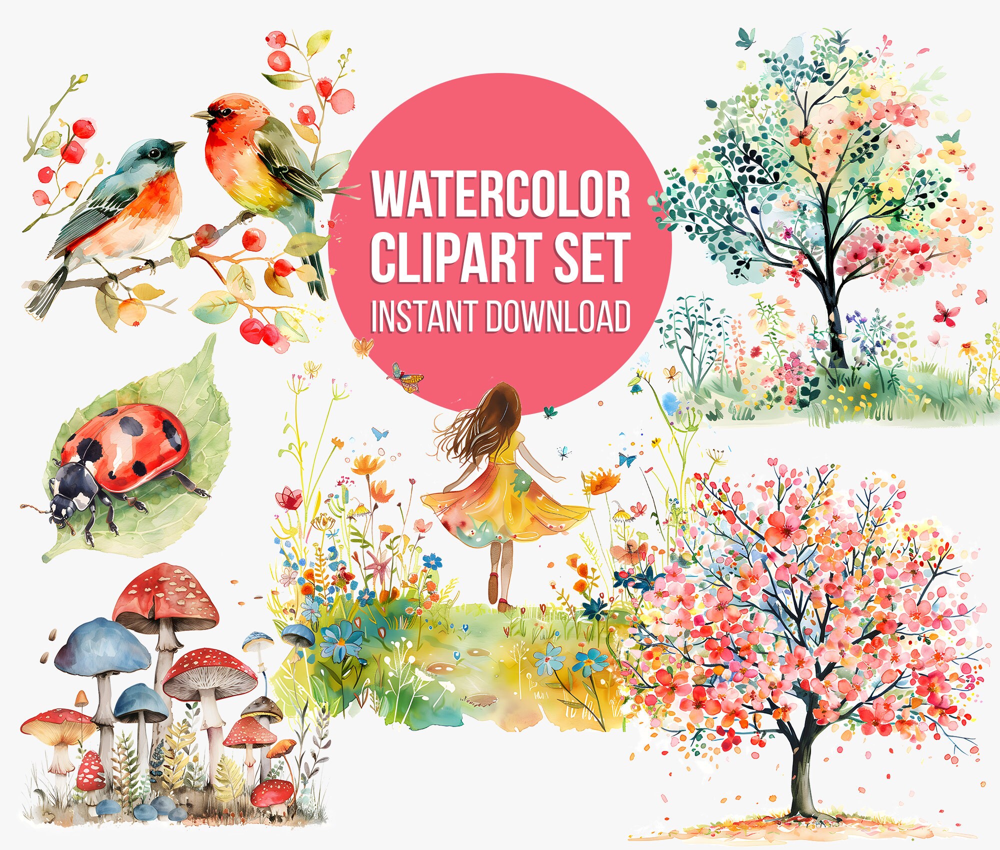 Watercolor Spring Clipart Set, Decor Graphics, Instant Download - Etsy