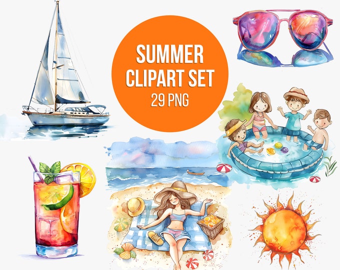 Watercolor Beach Clipart, Vacation Clipart PNG, Travel Clipart, Summer ...