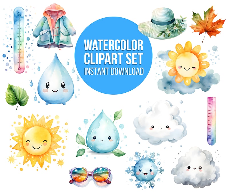 Cute Weather Watercolor Clipart Set, Nursery Decor Graphics, Instant ...