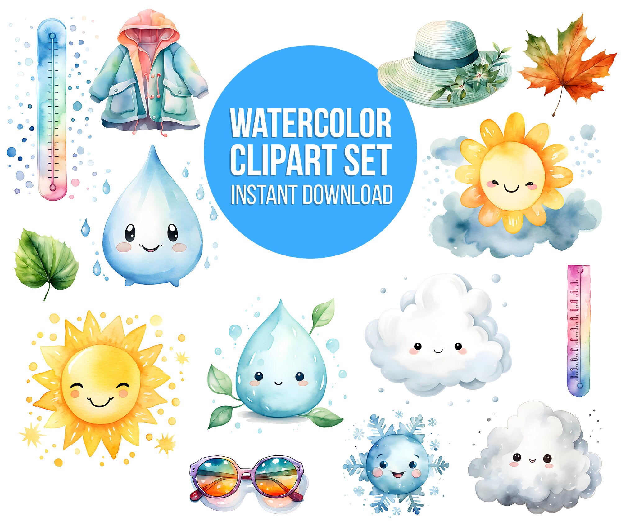 Cute Weather Watercolor Clipart Set, Nursery Decor Graphics, Instant ...