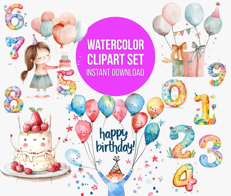 Cute Birthday Clipart Set for Children, Decor Graphics, Instant ...
