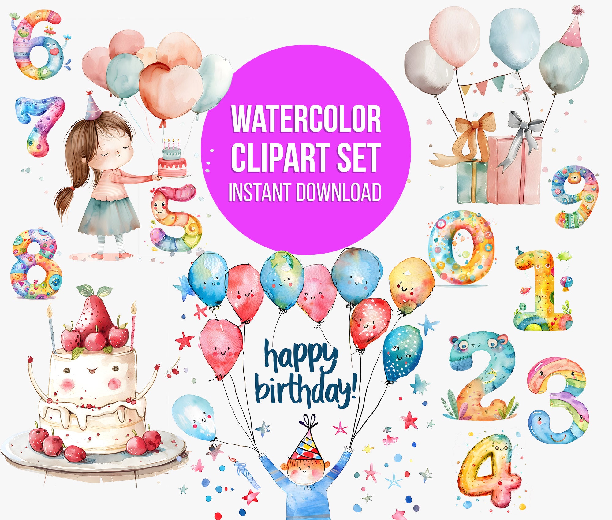 Cute Birthday Clipart Set for Children, Decor Graphics, Instant ...