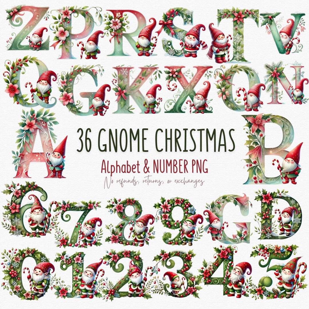 Christmas Alphabet & Numbers PNG : Cute Gnome Letters Clipart (digital ...