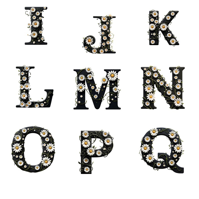 Daisy Floral Alphabet & Number Clipart Set, 36 PNG Clipart, A-Z Flower ...
