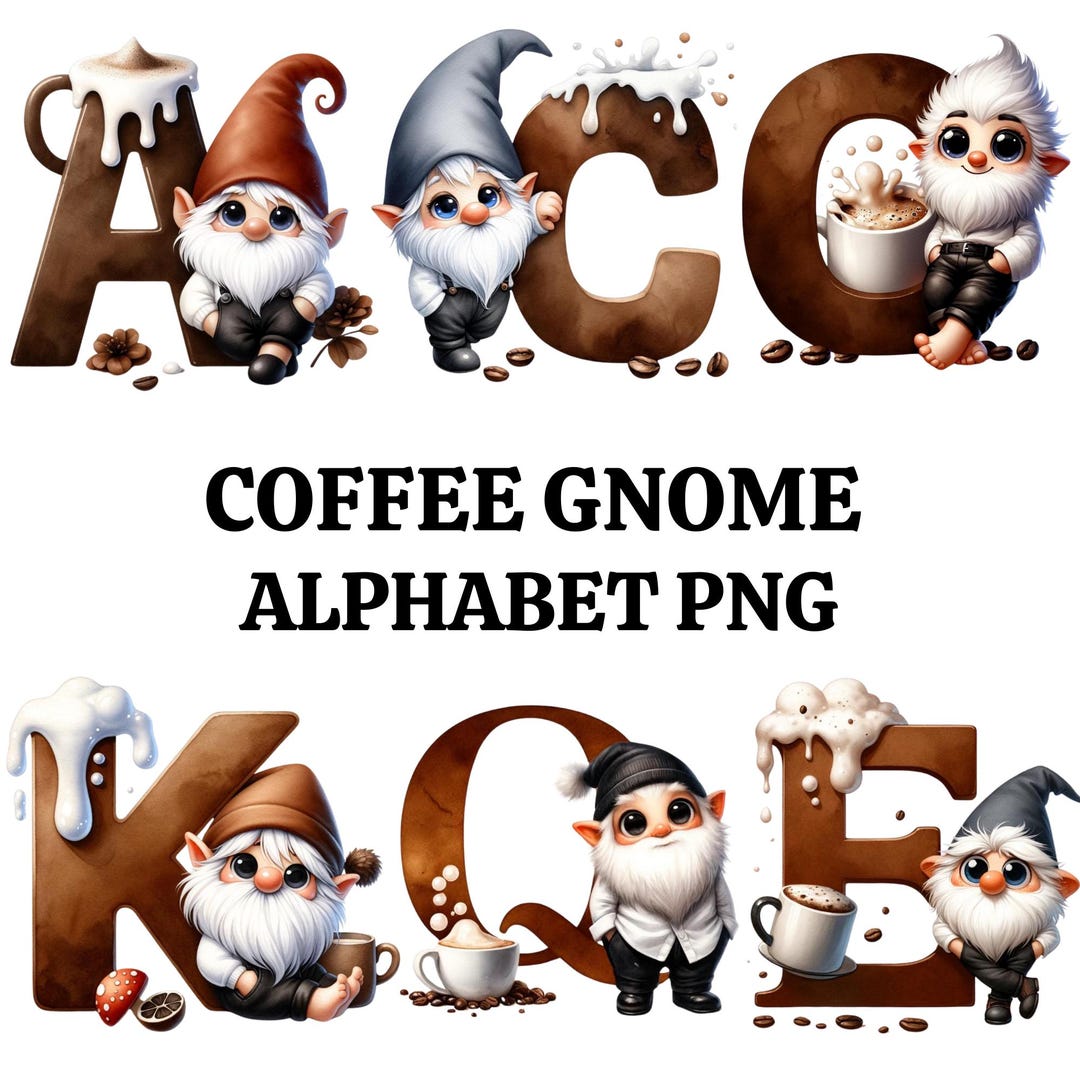 Coffee Gnome Alphabet A-Z Clipart, Gnome Letters, Cute Gnome Alphabet ...