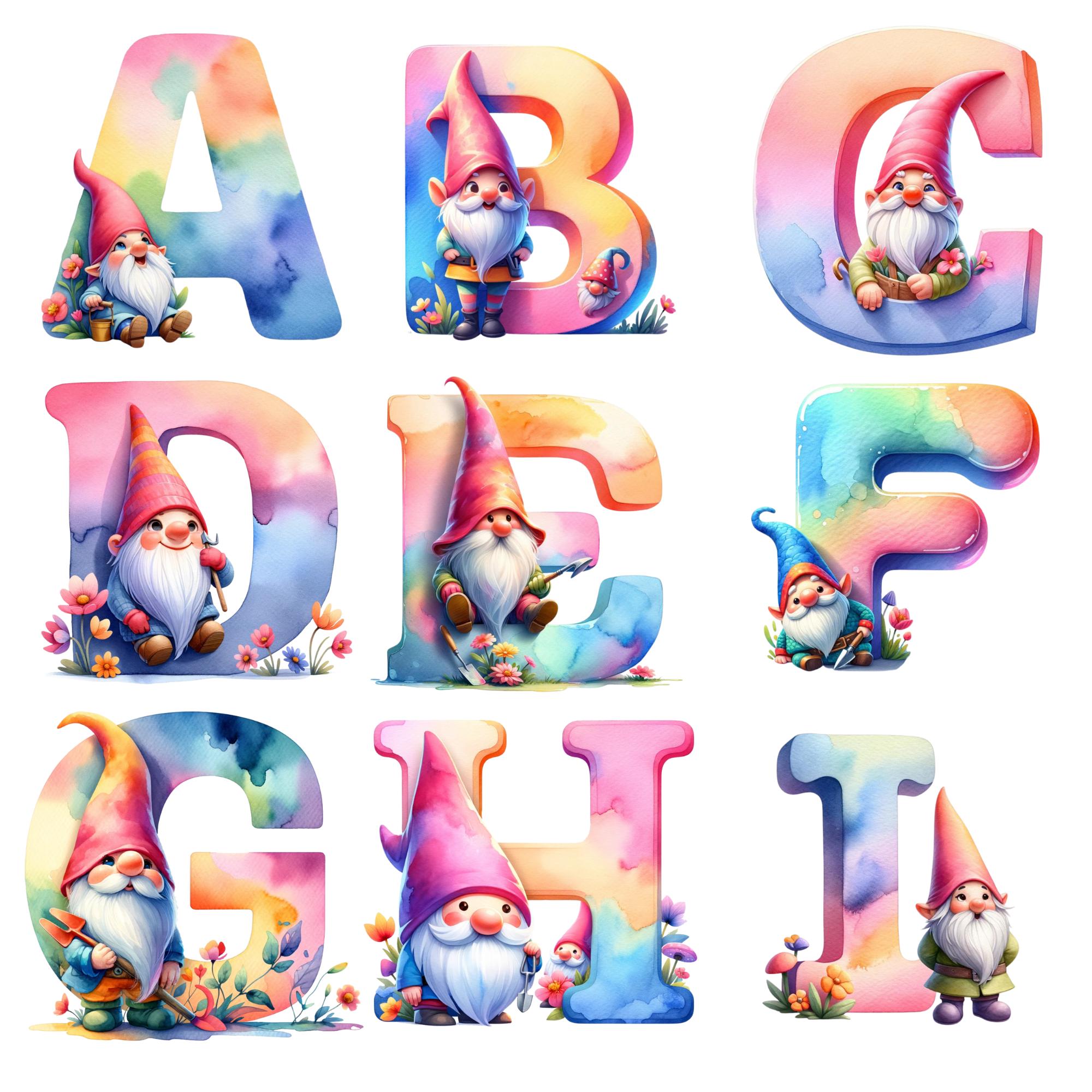 Watercolor Gnome Alphabet A-Z PNG, Cute Gnome Font Clipart, 26 Letters ...