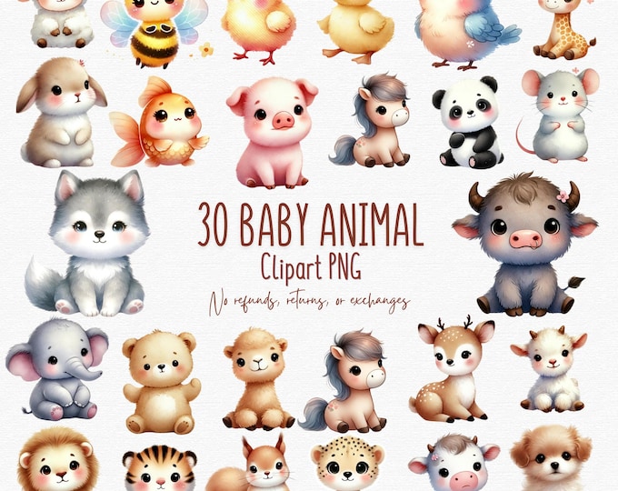 Cute Baby Animals Clipart, Safari Animals for Nursery, Baby Animals 32 ...