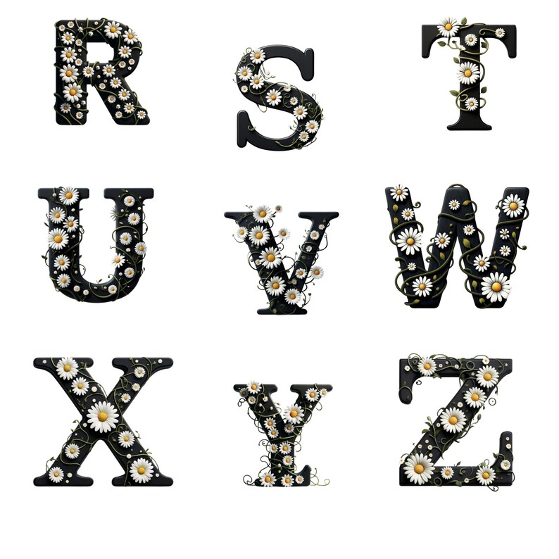 Daisy Floral Alphabet & Number Clipart Set, 36 PNG Clipart, A-Z Flower ...