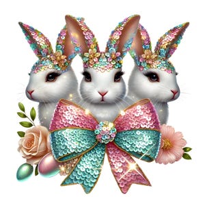 Sparkly Easter Bunny Illustration,sequin Rabbit Clipart,glitter Bow ...