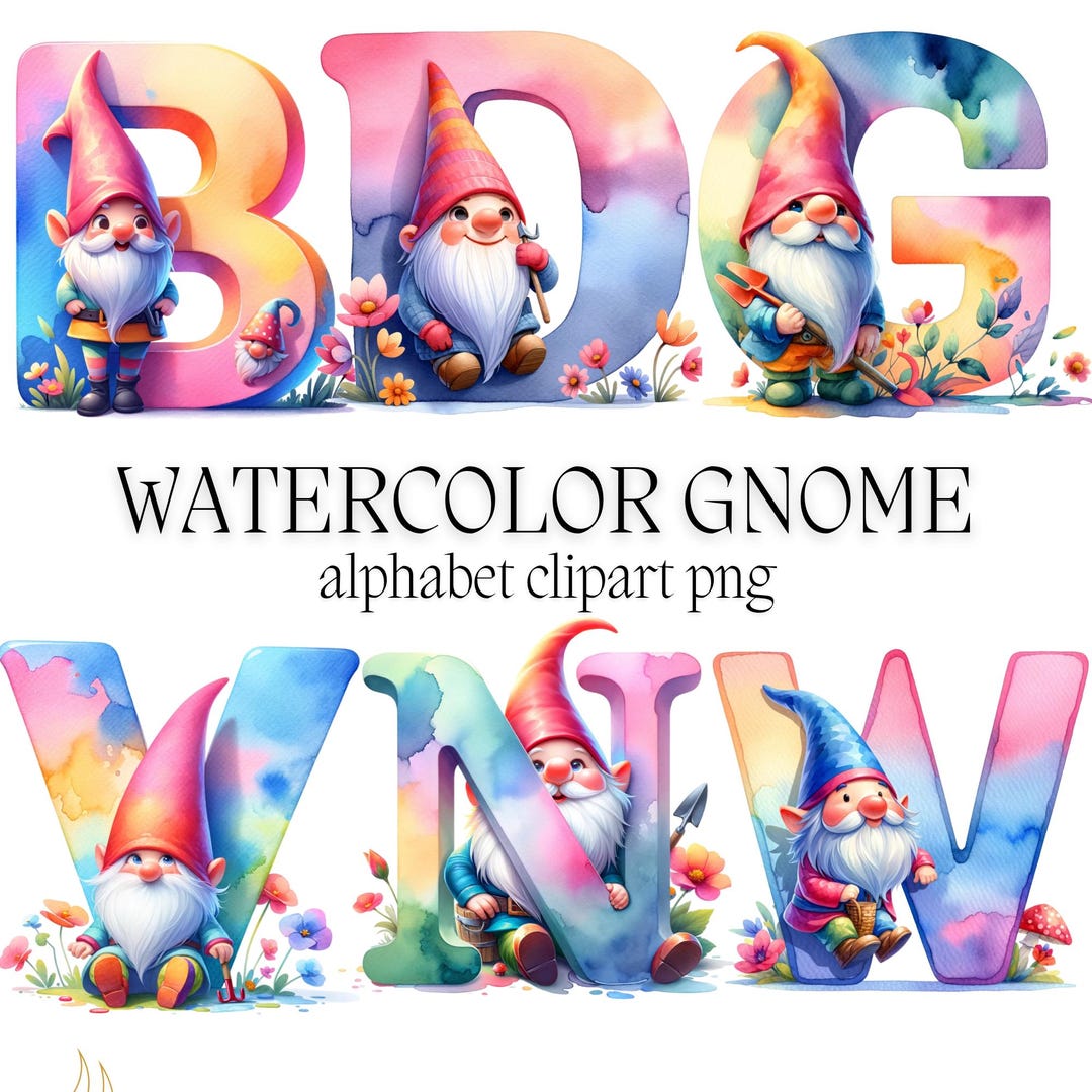 Watercolor Gnome Alphabet A-Z PNG, Cute Gnome Font Clipart, 26 Letters ...