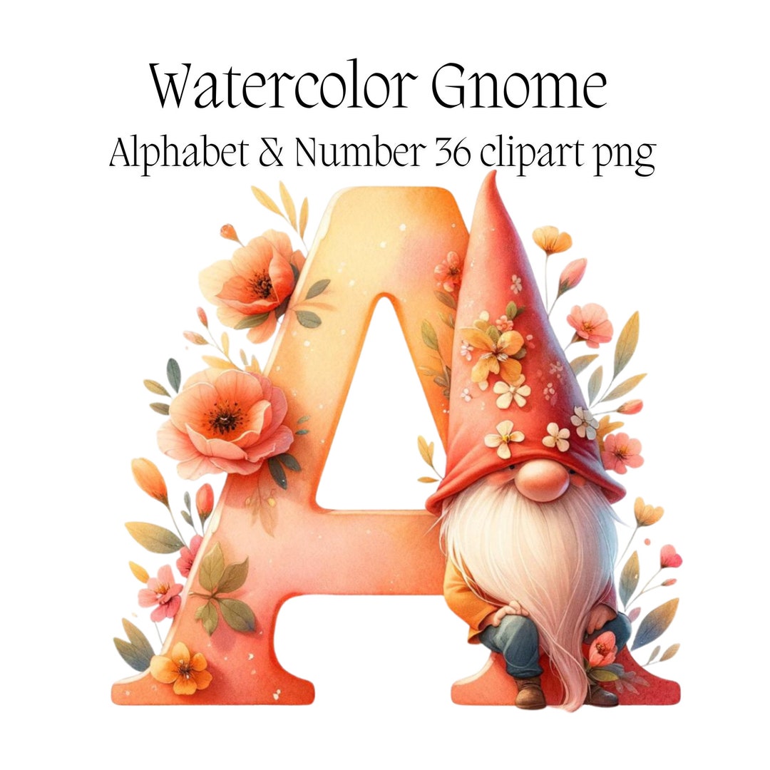 Watercolor Gnome Alphabet & Number Clipart, 36 PNG Files, Whimsical ...