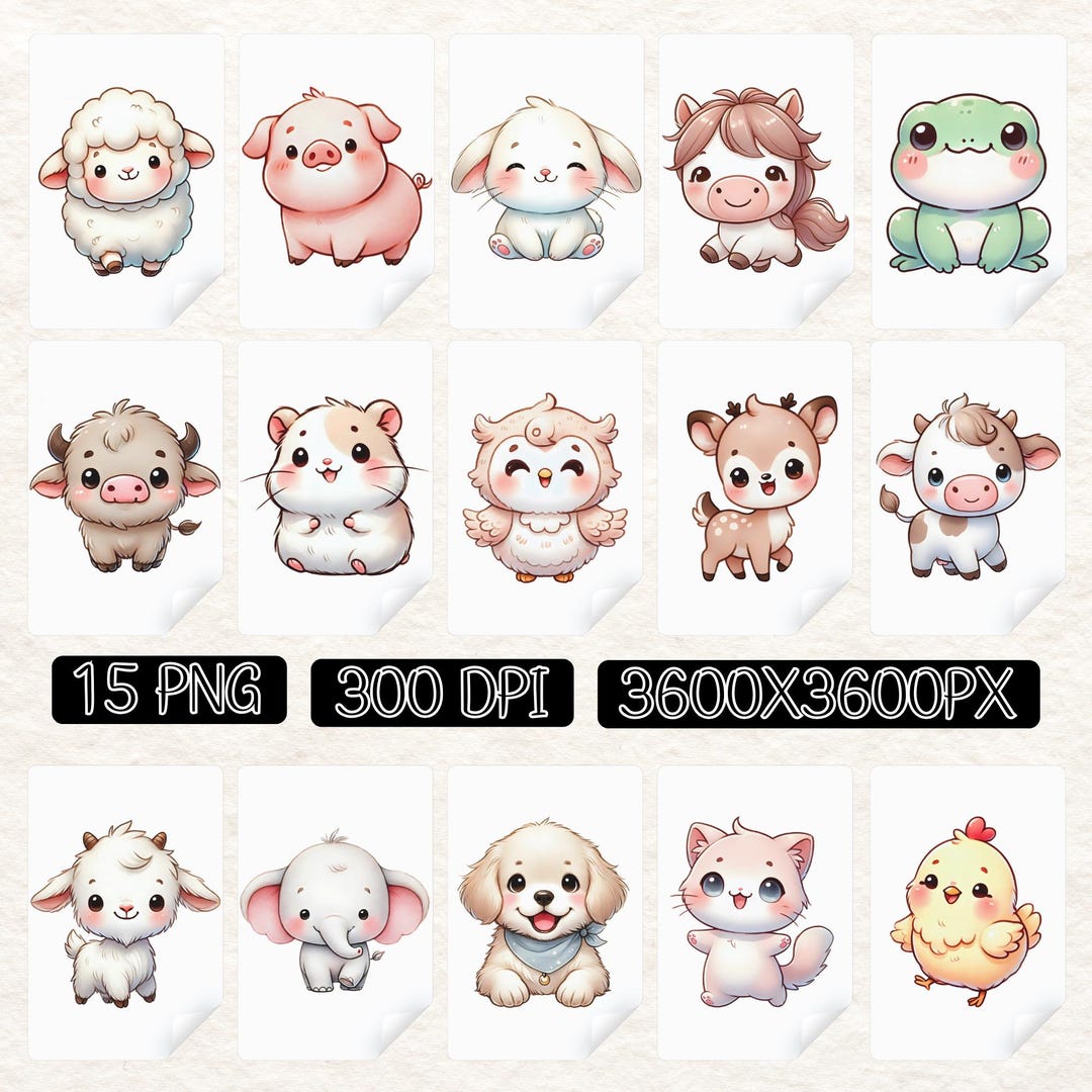 15 Cute Animals Watercolor Clipart, Baby Animal PNG Bundle, Printable ...