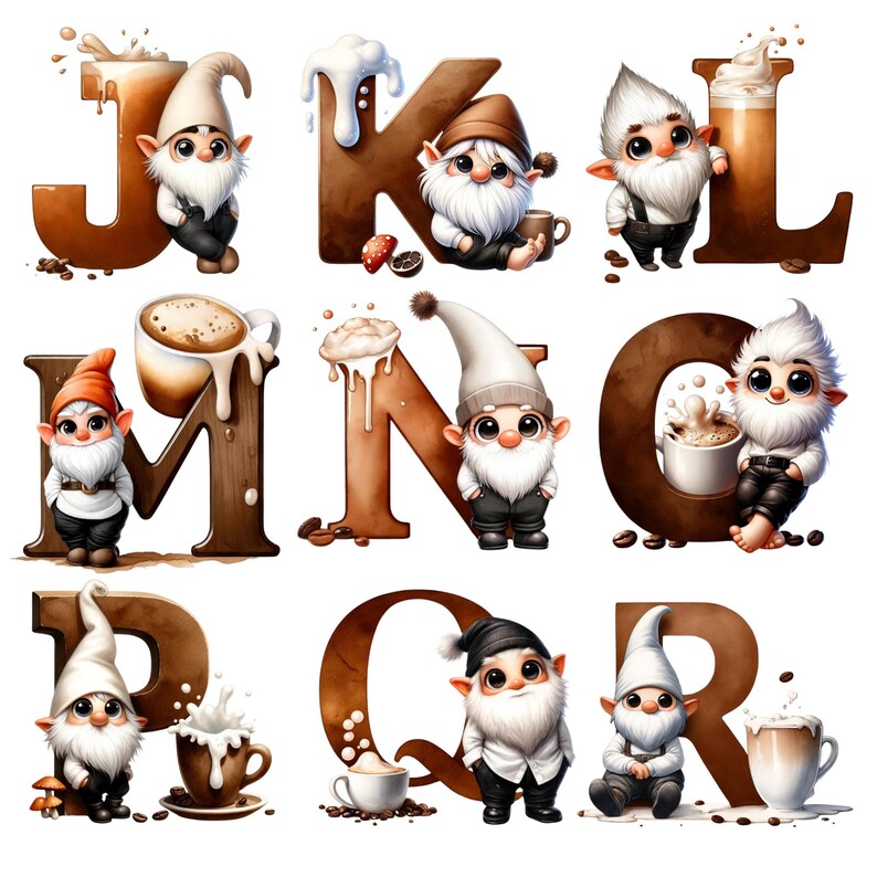 Coffee Gnome Alphabet A-Z Clipart, Gnome Letters, Cute Gnome Alphabet ...