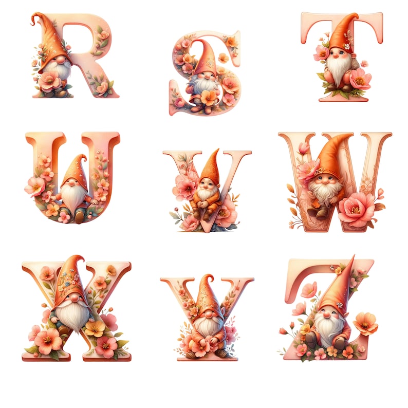Watercolor Gnome Alphabet & Number Clipart, 36 PNG Files, Whimsical ...