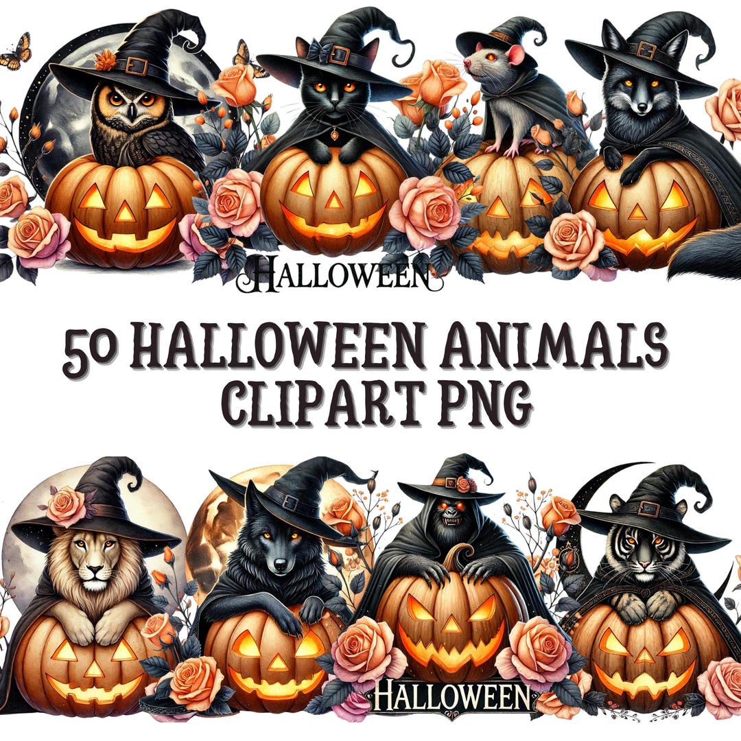 50 Halloween Animal Clipart PNG Bundle, Spooky & Cute Designs, Vintage ...
