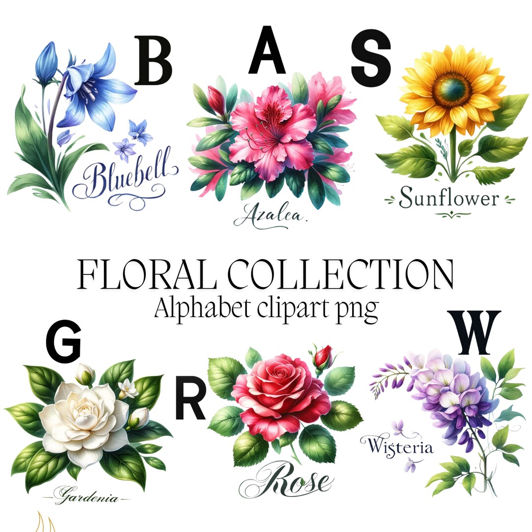 Floral Alphabet A-Z Clipart PNG ,26 High-resolution Flower Letters ...