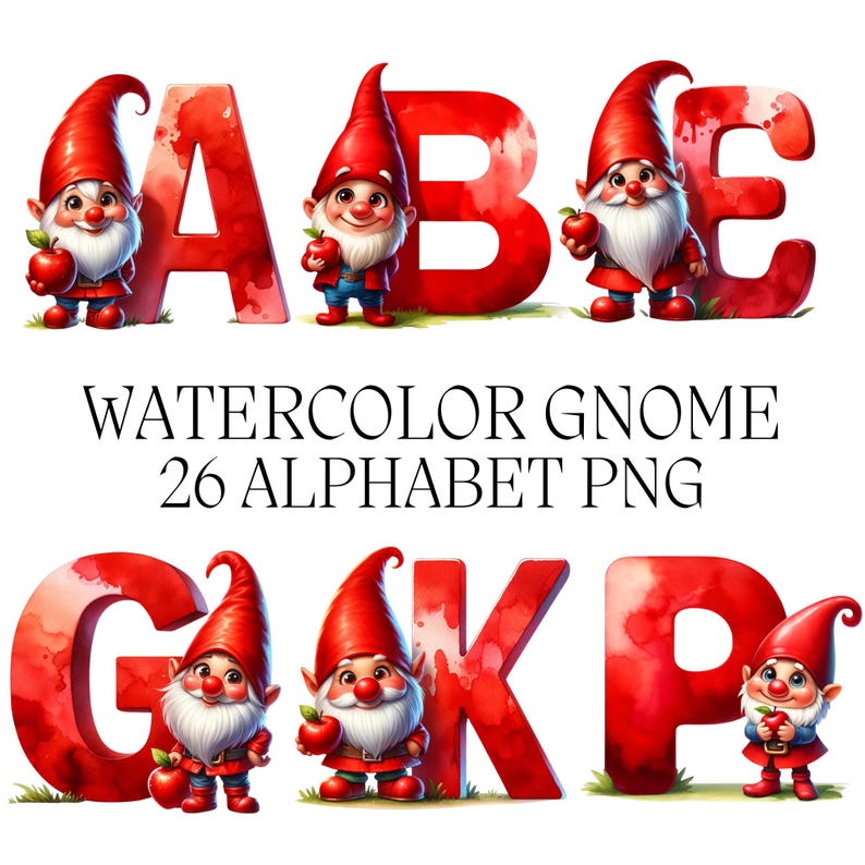 Watercolor Gnome Alphabet PNG A-Z, Gnome Font Clipart A-Z, 26 Gnome ...