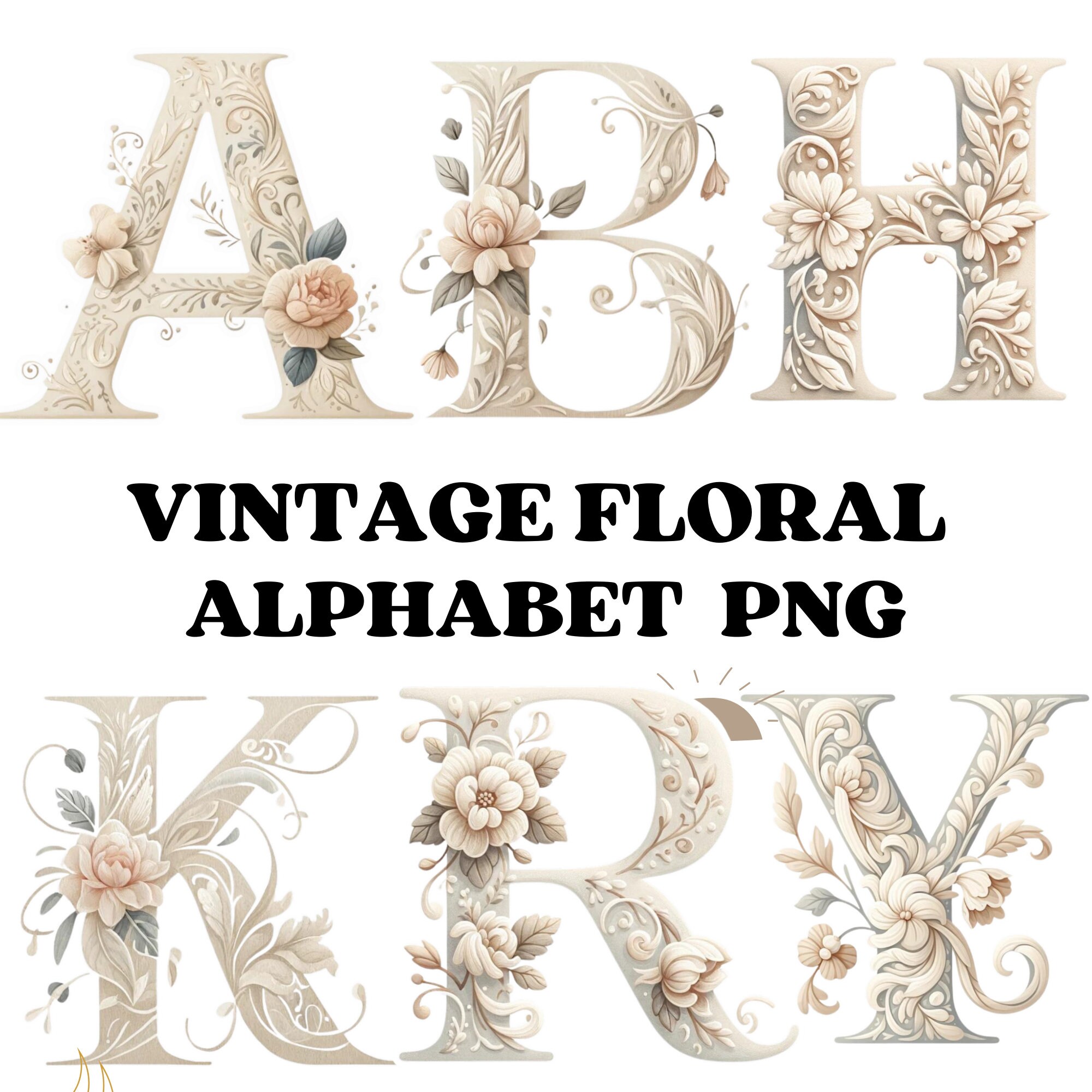 Vintage Floral Alphabet Full A-Z, 1800x1800px, 300 DPI, Clipart ...
