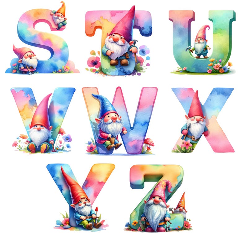 Watercolor Gnome Alphabet A-Z PNG, Cute Gnome Font Clipart, 26 Letters ...