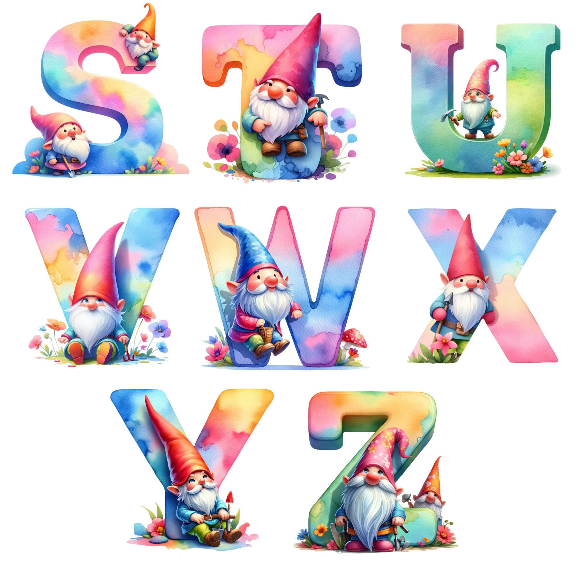 Watercolor Gnome Alphabet A-Z PNG, Cute Gnome Font Clipart, 26 Letters ...