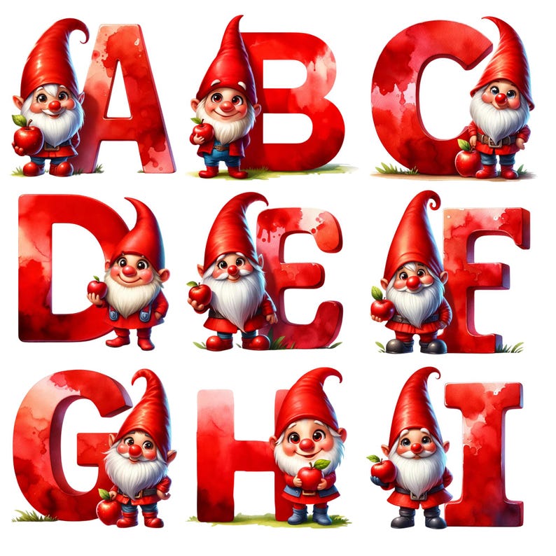 Watercolor Gnome Alphabet PNG A-Z, Gnome Font Clipart A-Z, 26 Gnome ...