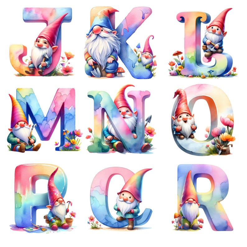 Watercolor Gnome Alphabet A-Z PNG, Cute Gnome Font Clipart, 26 Letters ...