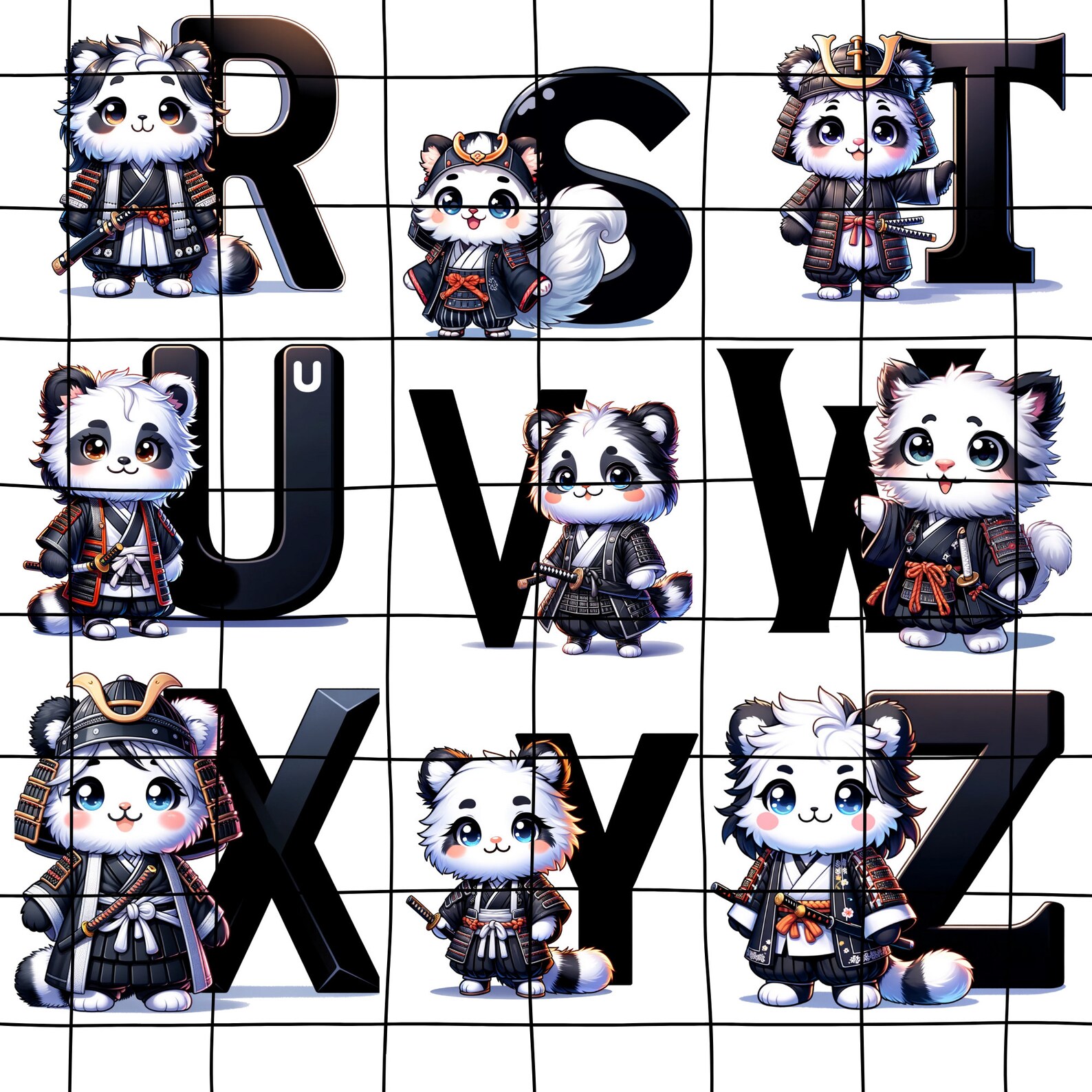 Cute Samurai Alphabet & Number Clipart PNG A-Z 0-9 ,36 PNG Clipart ...