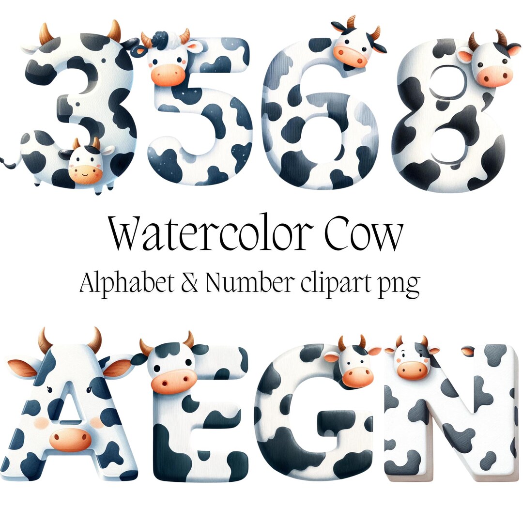 Watercolor Cow Alphabet & Number Clipart 36 PNG Collection, Alphabet ...