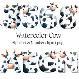 Watercolor Cow Alphabet & Number Clipart 36 PNG Collection, Alphabet ...