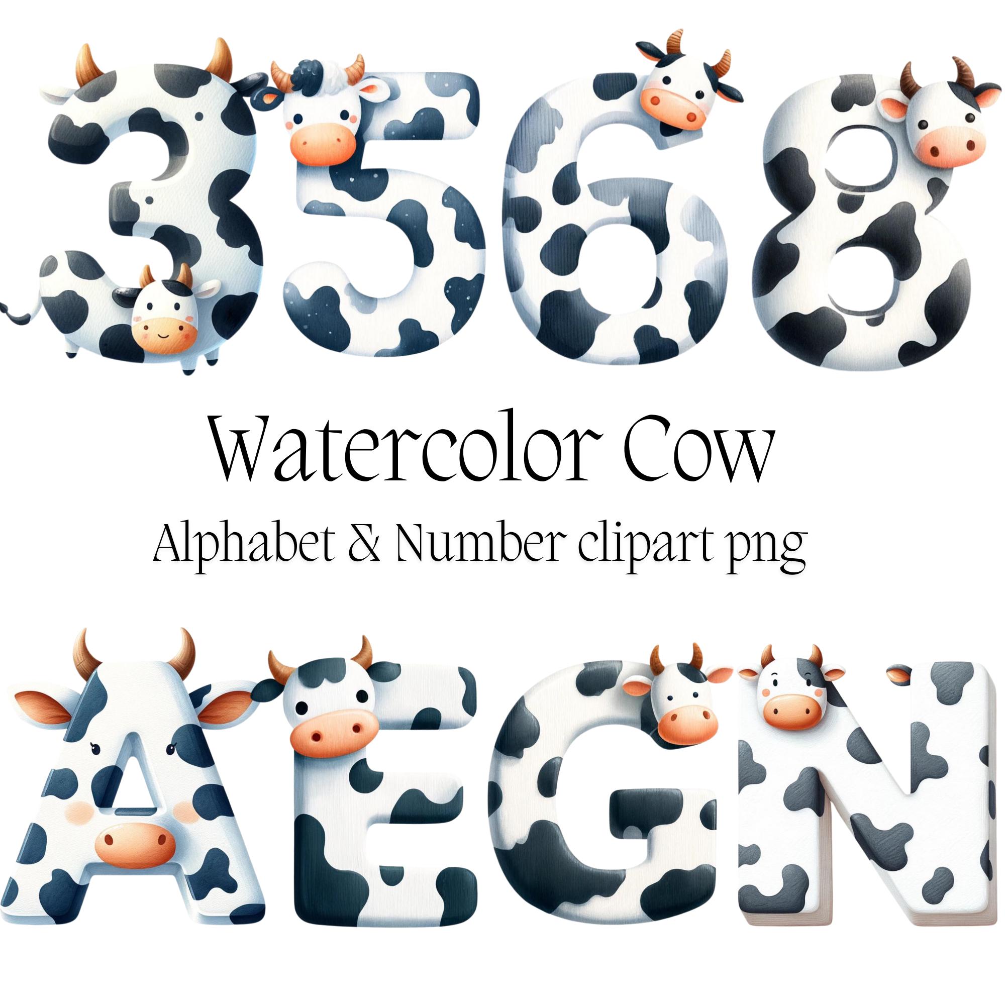 Watercolor Cow Alphabet & Number Clipart 36 PNG Collection, Alphabet ...