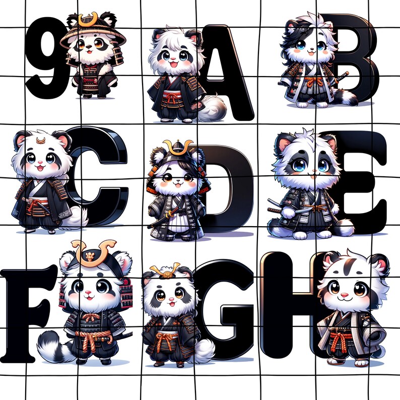 Cute Samurai Alphabet & Number Clipart PNG A-Z 0-9 ,36 PNG Clipart ...