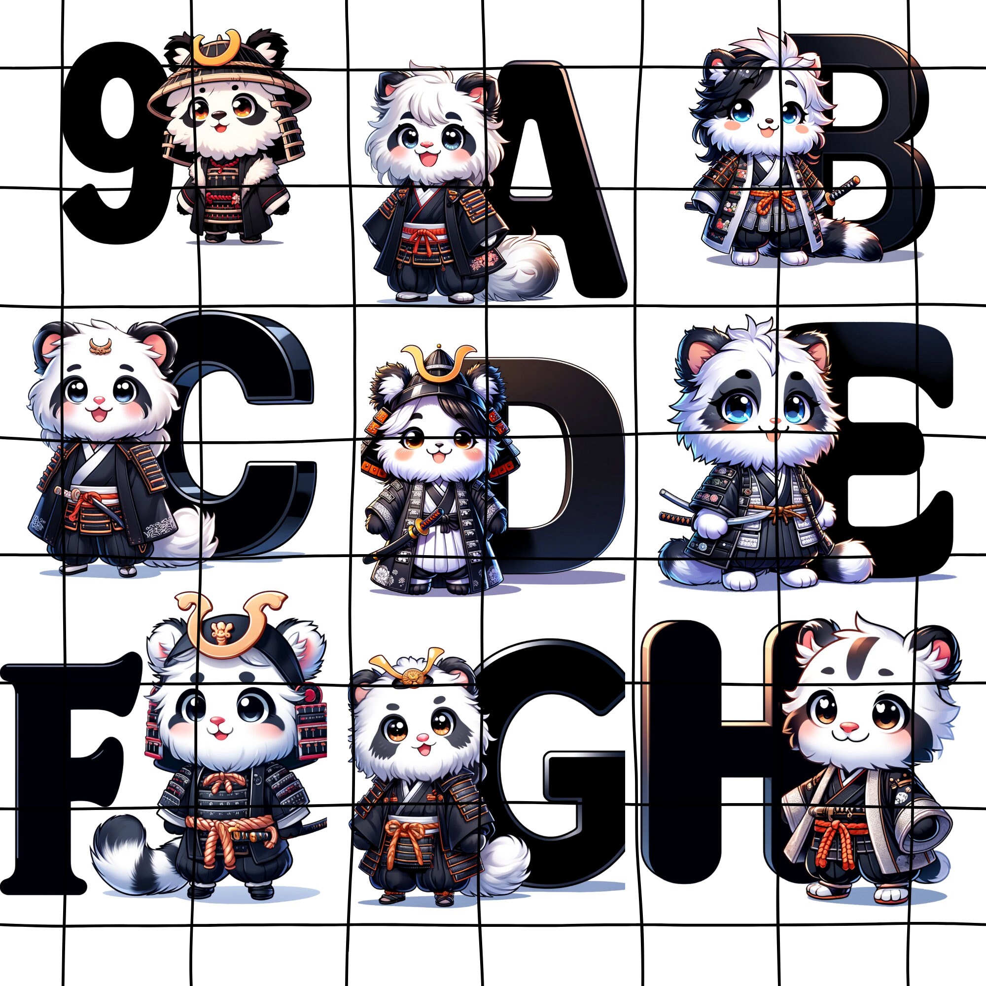 Cute Samurai Alphabet & Number Clipart PNG A-Z 0-9 ,36 PNG Clipart ...